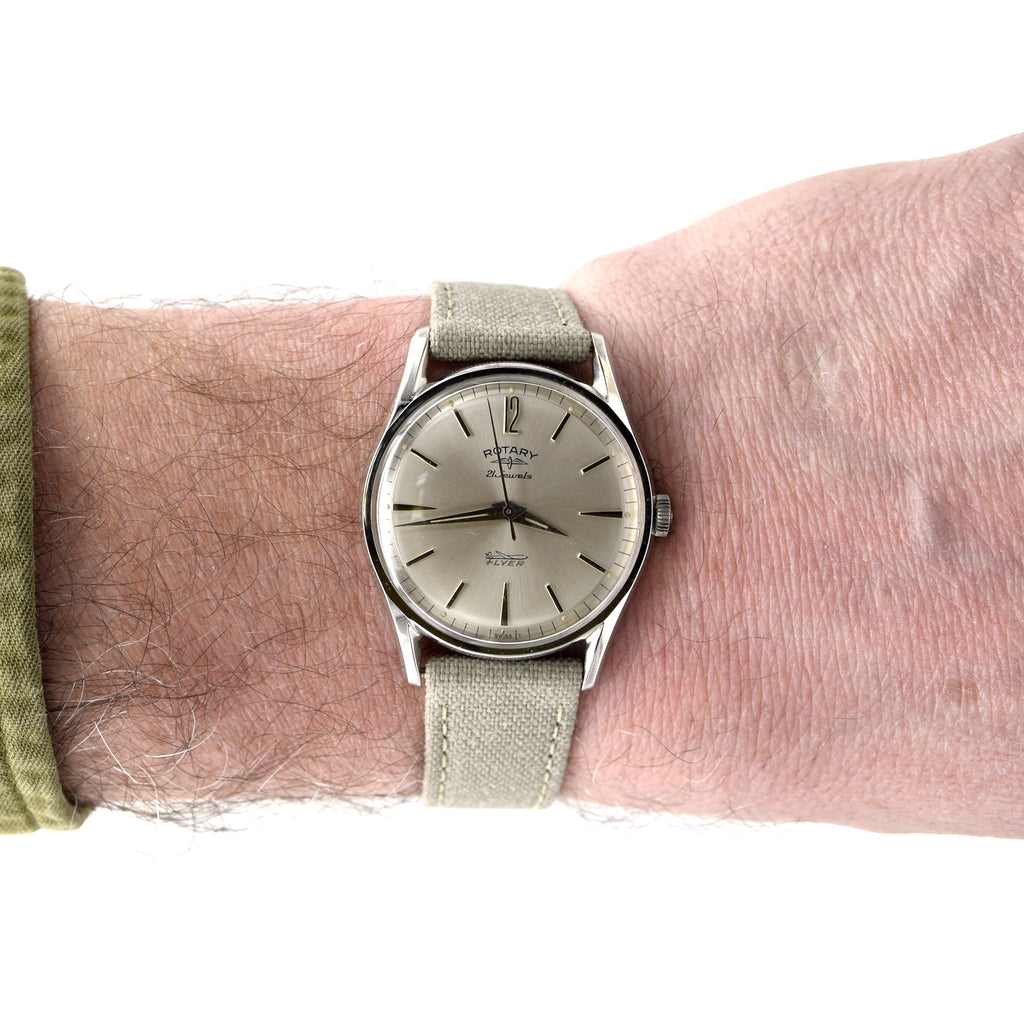 1960s classic Rotary Flyer Wristwatch 21 Jewels in steel with satin si ...
