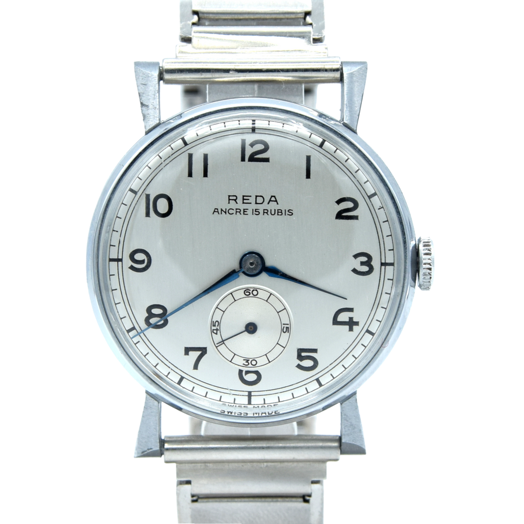 1940s New old stock unused Reda swiss wristwatch with fancy lugs on un ...