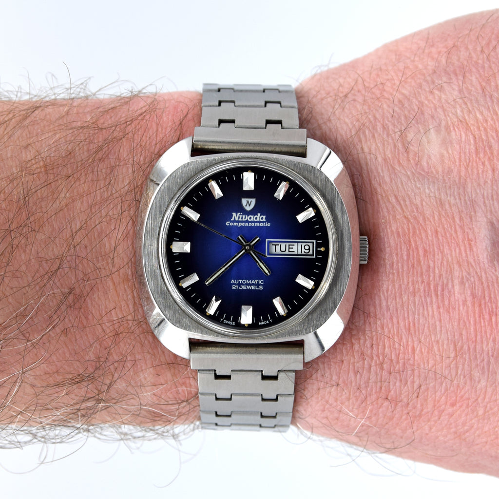 1970s Nivada Compensamatic Fumé blue Day Date automatic watch in Stain ...