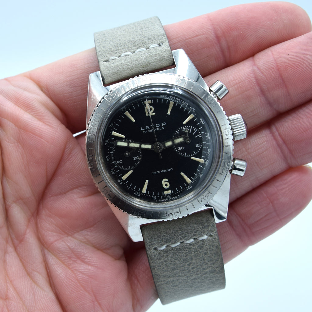 1960s Rare Lator Chronograph Dive Style Watch with Black Dial in Stain ...