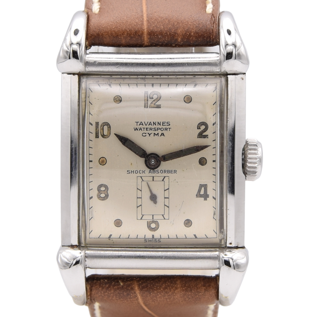 1940s Cyma - Tavannes Rectangular Early Waterproof Patent Wristwatch w ...